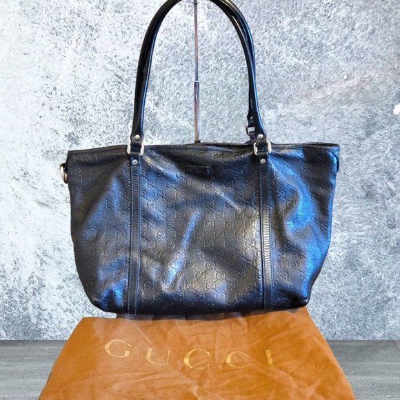 Gucci | Bags | Authentic Gucci Gg Logo Embossed Sima Black Leather Tote ...